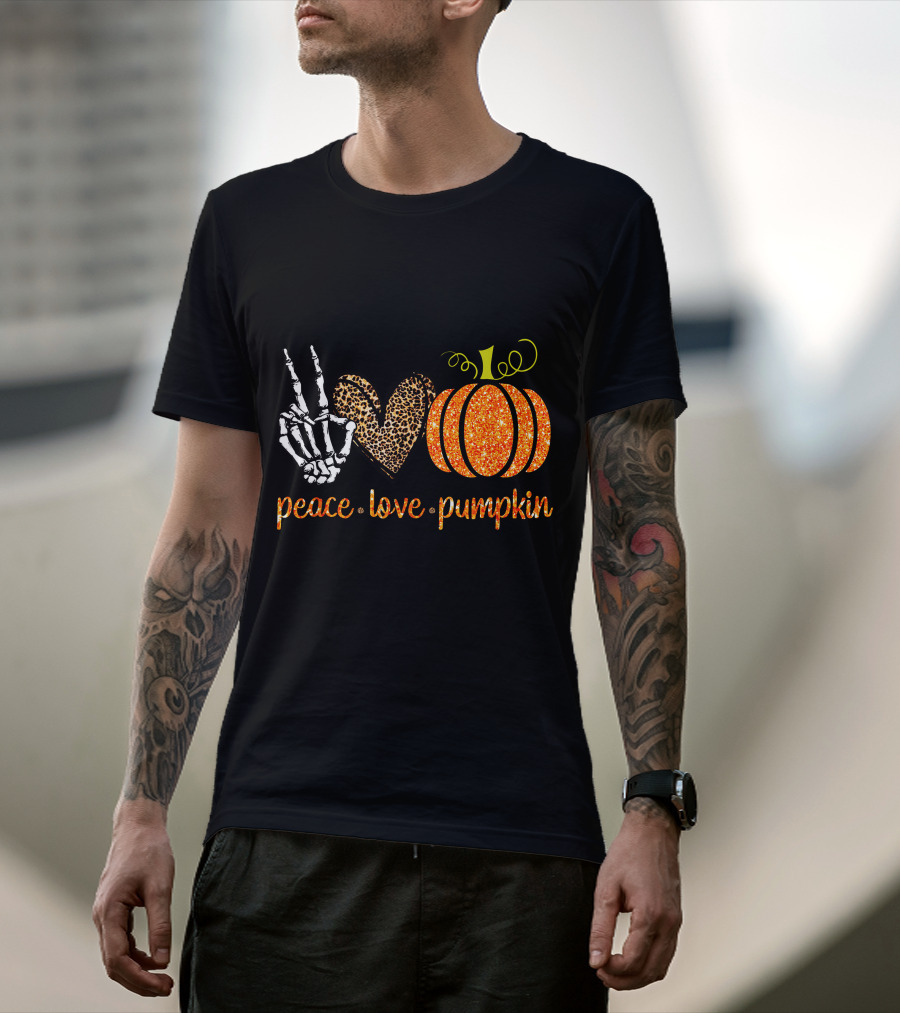 Peace Love Pumpkin Halloween Fall Girls Skeleton Leopard Print T-Shirt