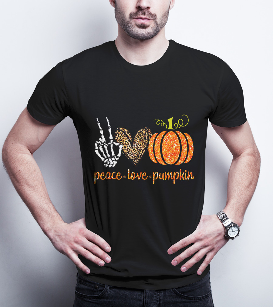 Peace Love Pumpkin Halloween Fall Girls Skeleton Leopard Print T-Shirt