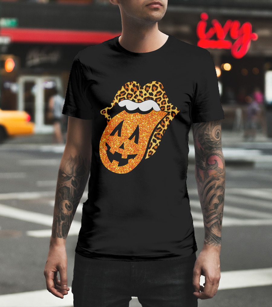 Leopard Lips Pumpkin Tongue Halloween Jack-O'-Lantern Face T-Shirt
