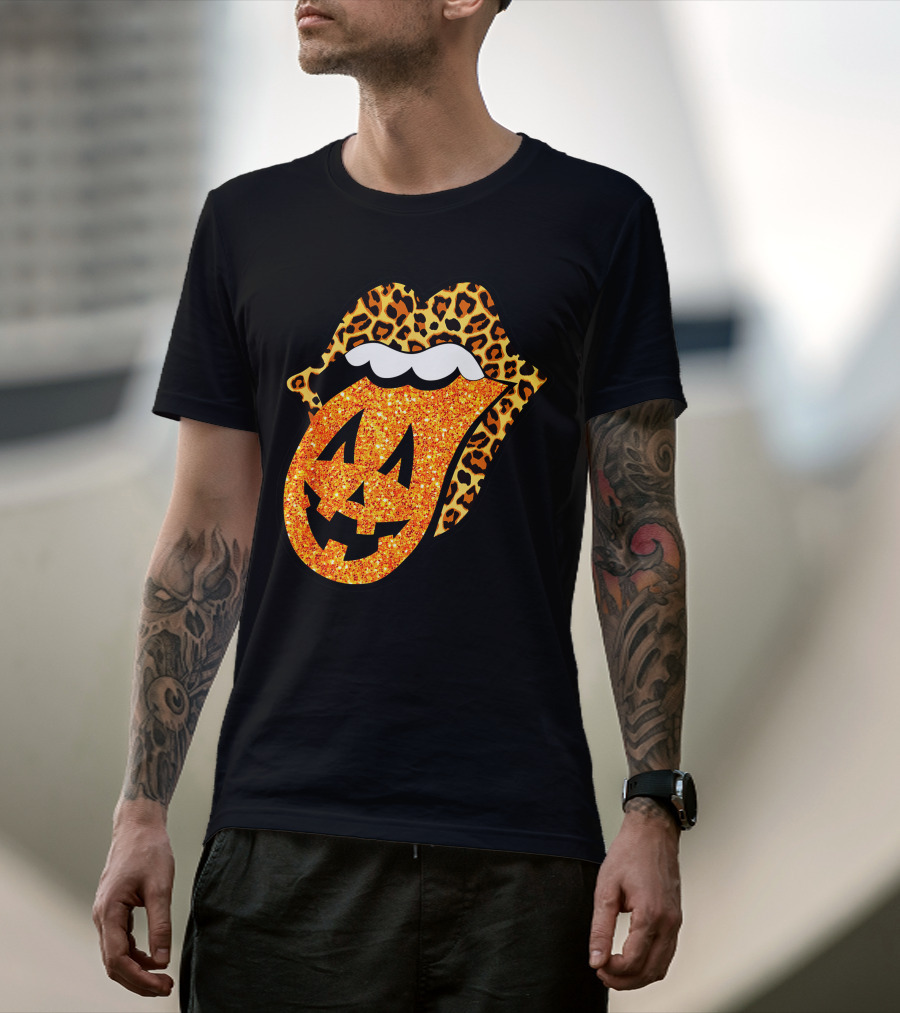 Leopard Lips Pumpkin Tongue Halloween Jack-O'-Lantern Face T-Shirt