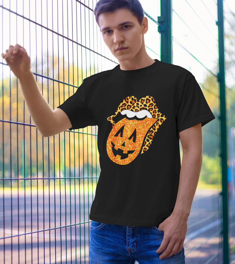 Leopard Lips Pumpkin Tongue Halloween Jack-O'-Lantern Face T-Shirt