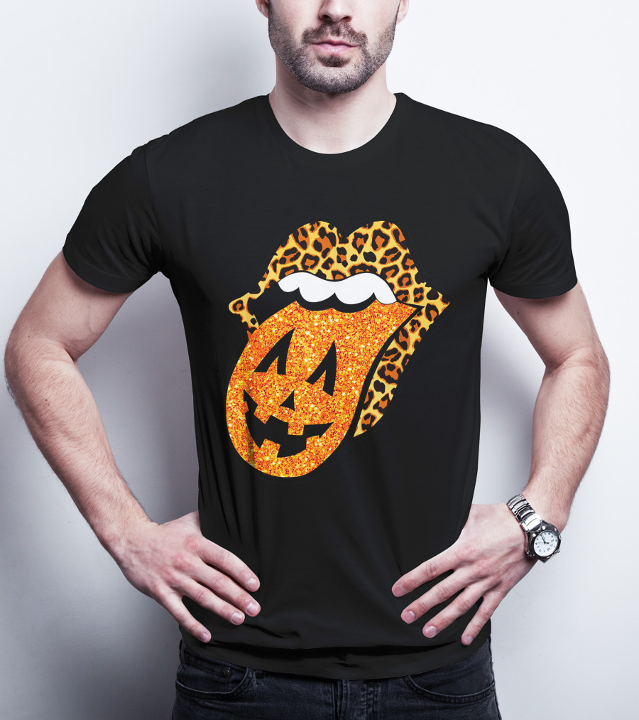 Leopard Lips Pumpkin Tongue Halloween Jack-O'-Lantern Face T-Shirt