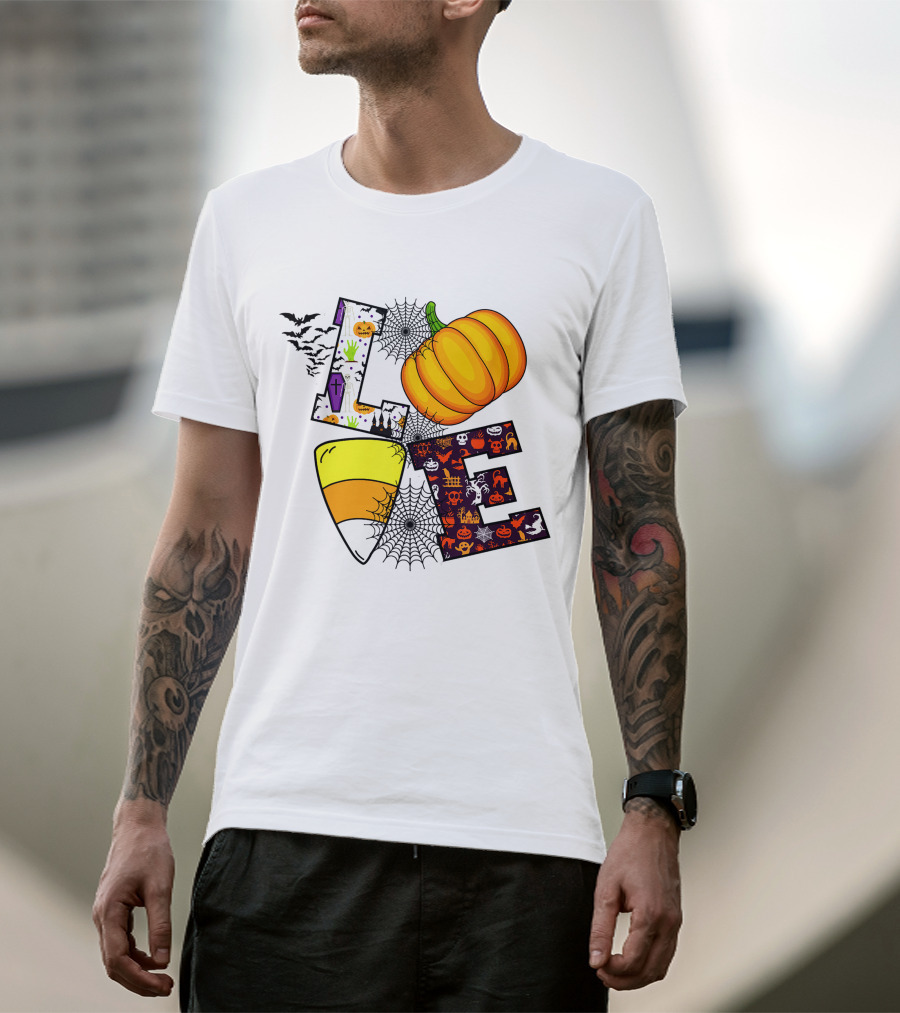 Love Pumpkin Candy Corn Halloween Spiderweb Bats Ghosts T-Shirt