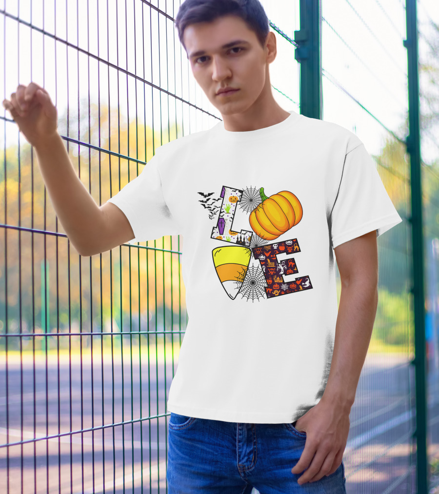 Love Pumpkin Candy Corn Halloween Spiderweb Bats Ghosts T-Shirt