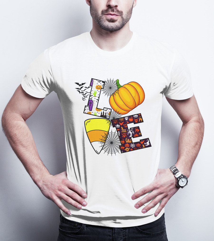 Love Pumpkin Candy Corn Halloween Spiderweb Bats Ghosts T-Shirt