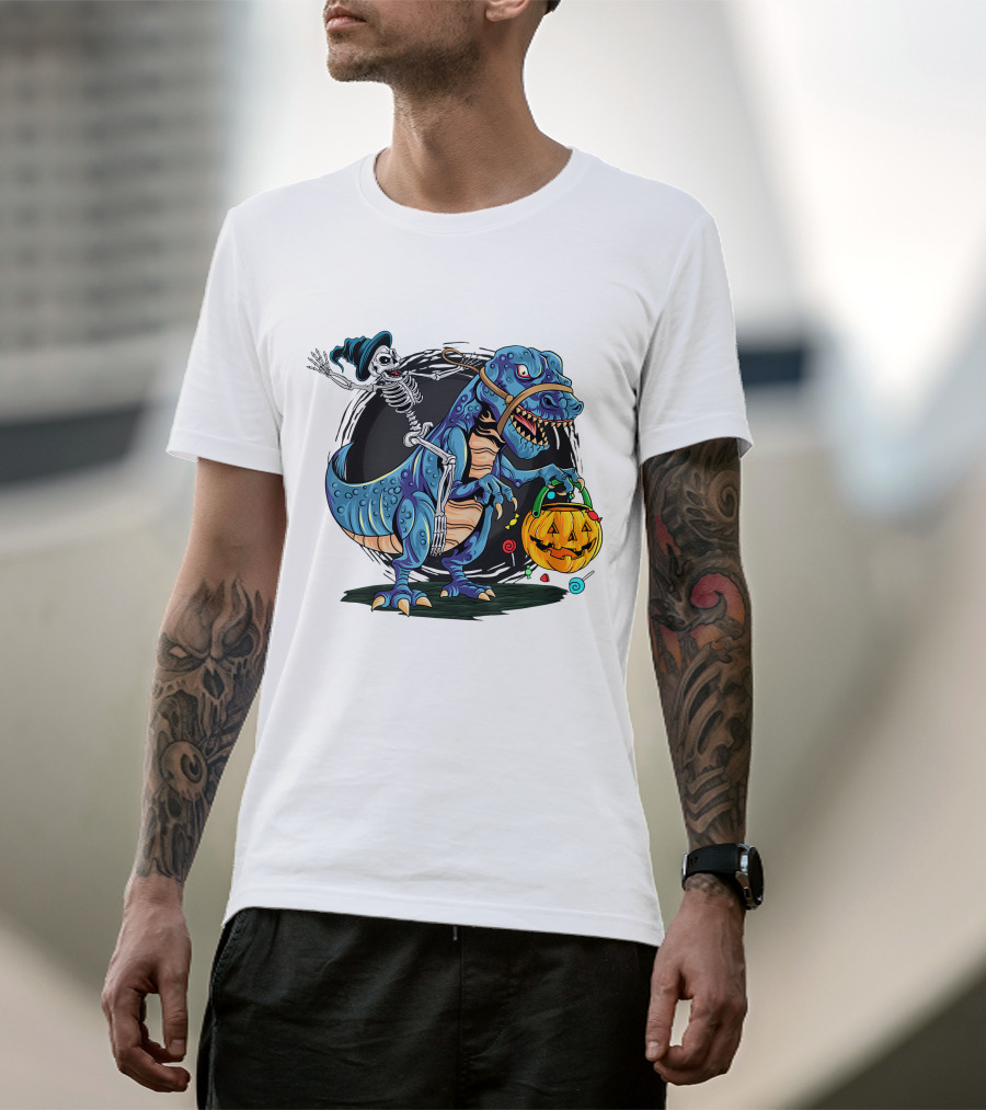 Skeleton Riding Dinosaur Halloween Candy Pumpkin Monster T-Shirt