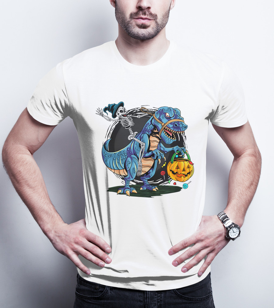 Skeleton Riding Dinosaur Halloween Candy Pumpkin Monster T-Shirt