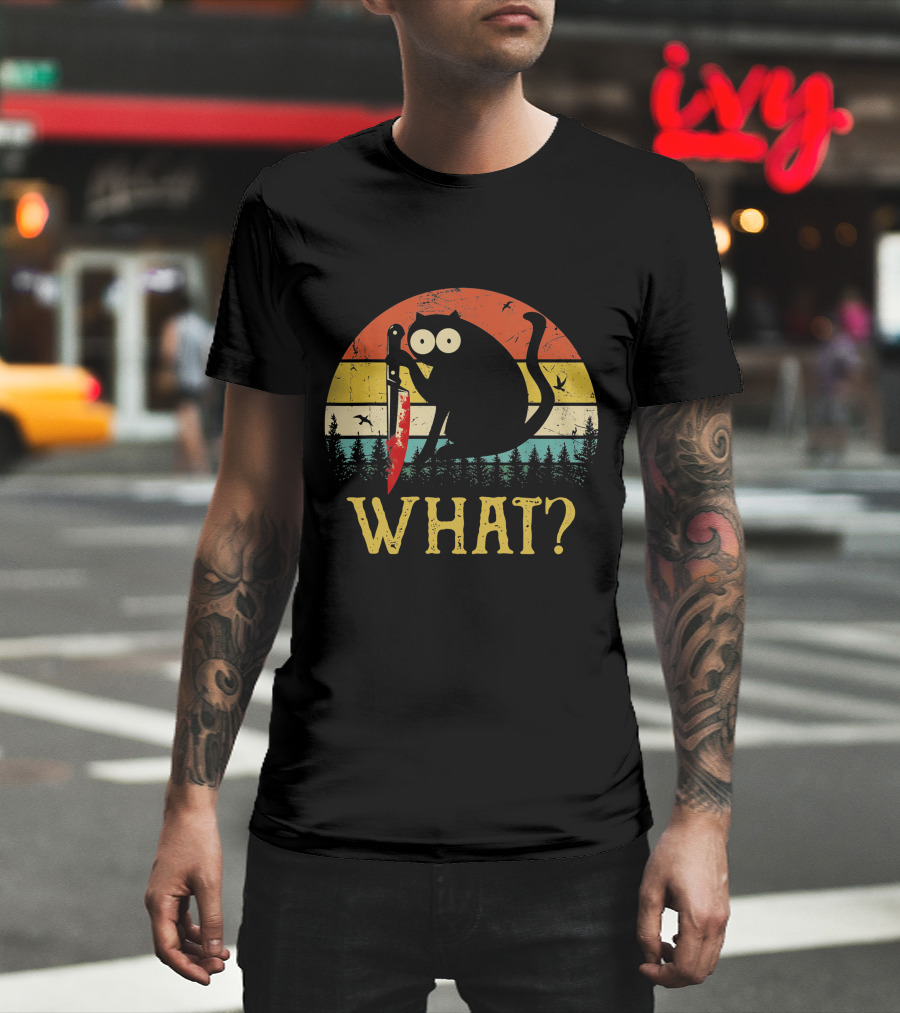 Black Cat What Retro Vintage Knife Sunset T-Shirt