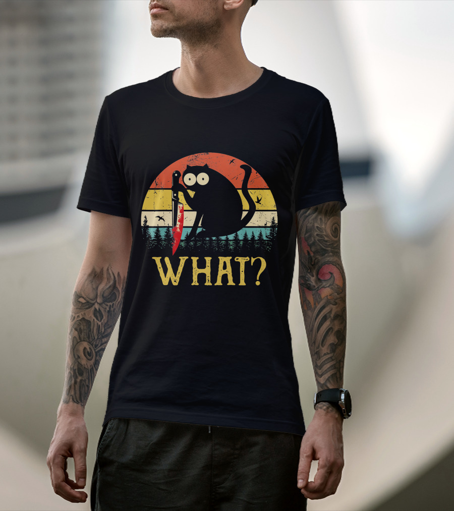 Black Cat What Retro Vintage Knife Sunset T-Shirt