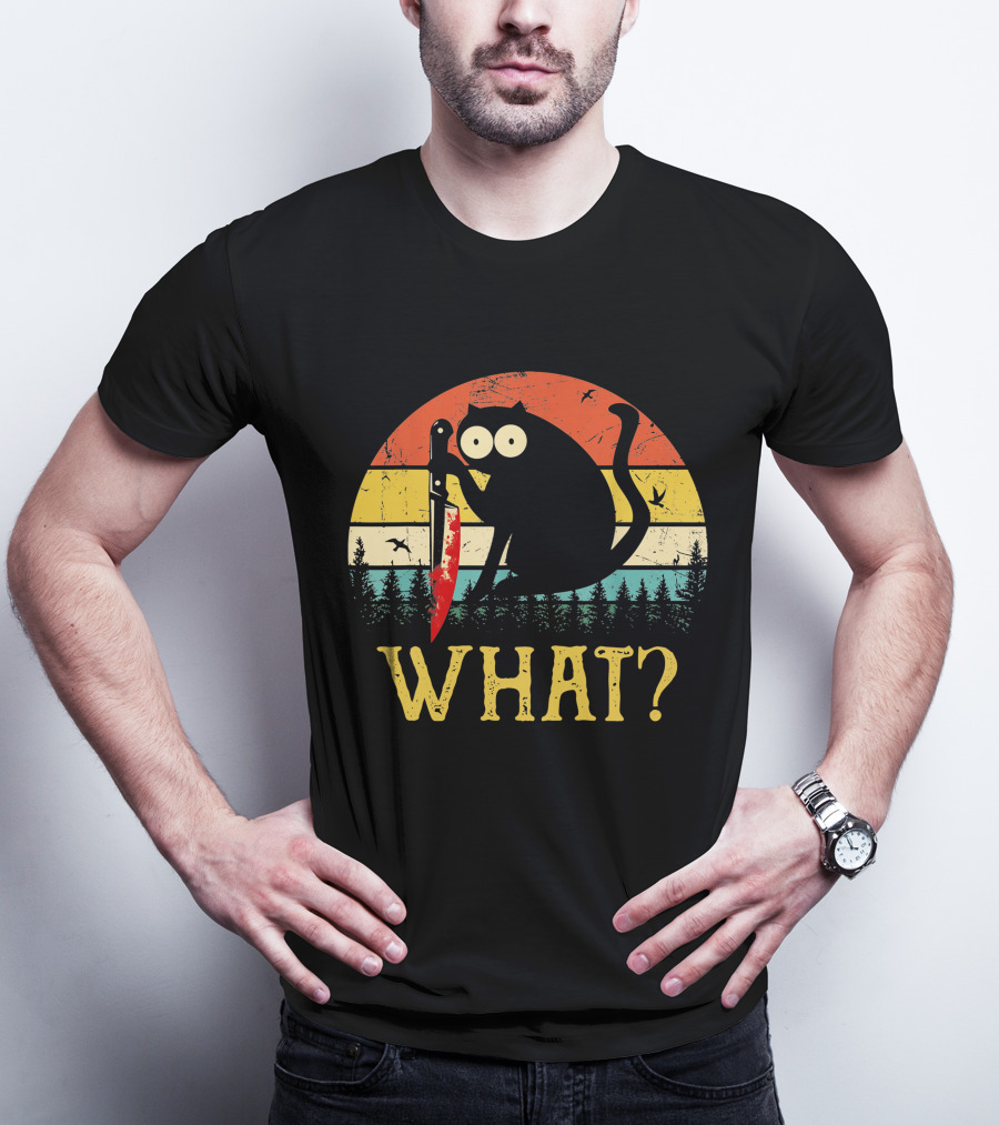 Black Cat What Retro Vintage Knife Sunset T-Shirt