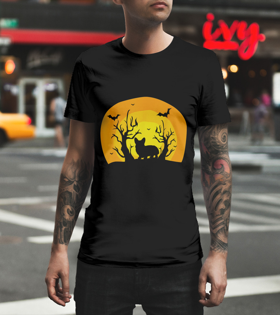 Corgi Dog Bat Halloween Silhouette With Moon And Trees T-Shirt