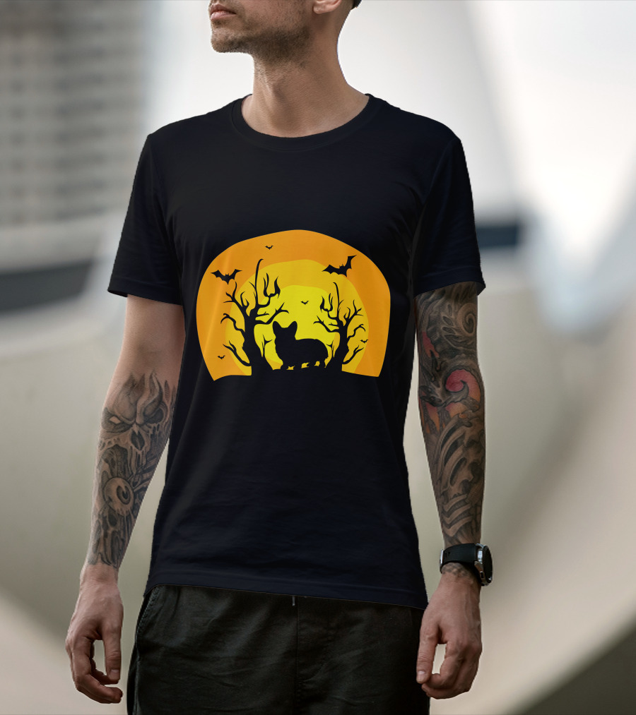 Corgi Dog Bat Halloween Silhouette With Moon And Trees T-Shirt