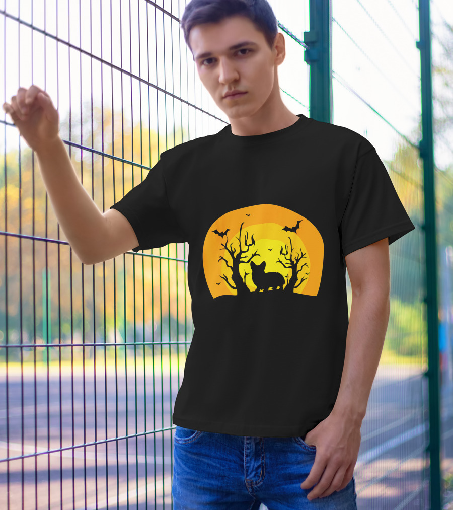 Corgi Dog Bat Halloween Silhouette With Moon And Trees T-Shirt