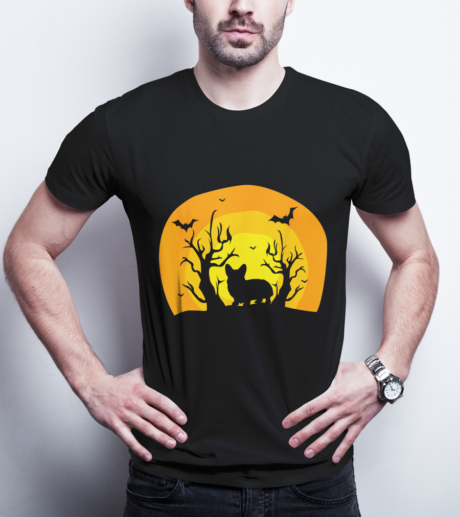 Corgi Dog Bat Halloween Silhouette With Moon And Trees T-Shirt