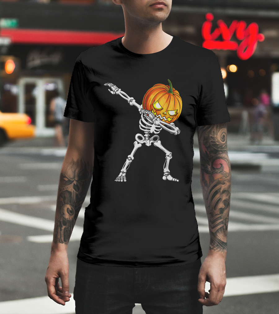 Halloween Dabbing Skeleton With Pumpkin Head T-Shirt