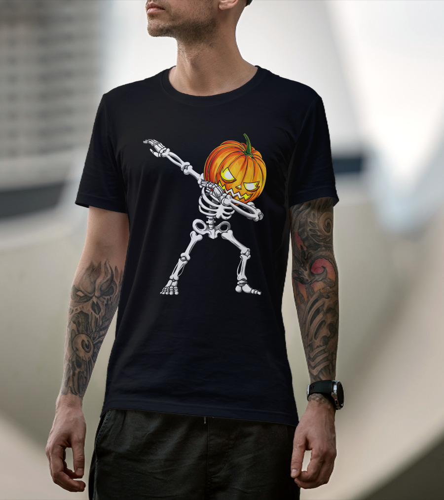 Halloween Dabbing Skeleton With Pumpkin Head T-Shirt
