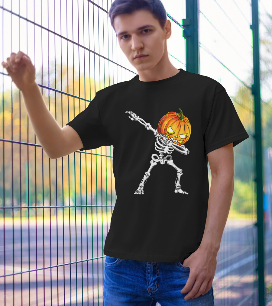 Halloween Dabbing Skeleton With Pumpkin Head T-Shirt