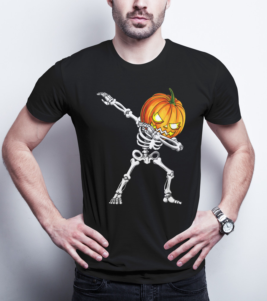 Halloween Dabbing Skeleton With Pumpkin Head T-Shirt