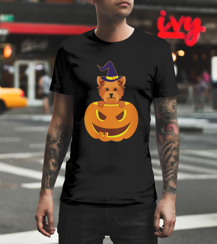 Yorkie Witch Hat Pumpkin Halloween Yorkshire Terrier T-Shirt
