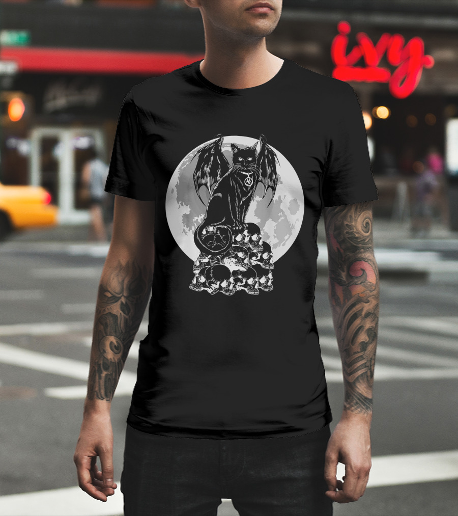Halloween Cat Wings Skulls Moon Creepy Peace Sign T-Shirt
