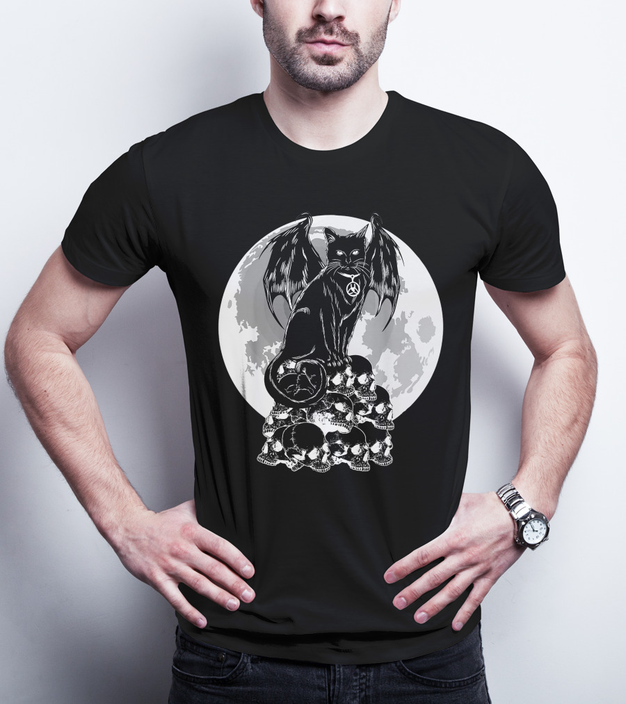 Halloween Cat Wings Skulls Moon Creepy Peace Sign T-Shirt