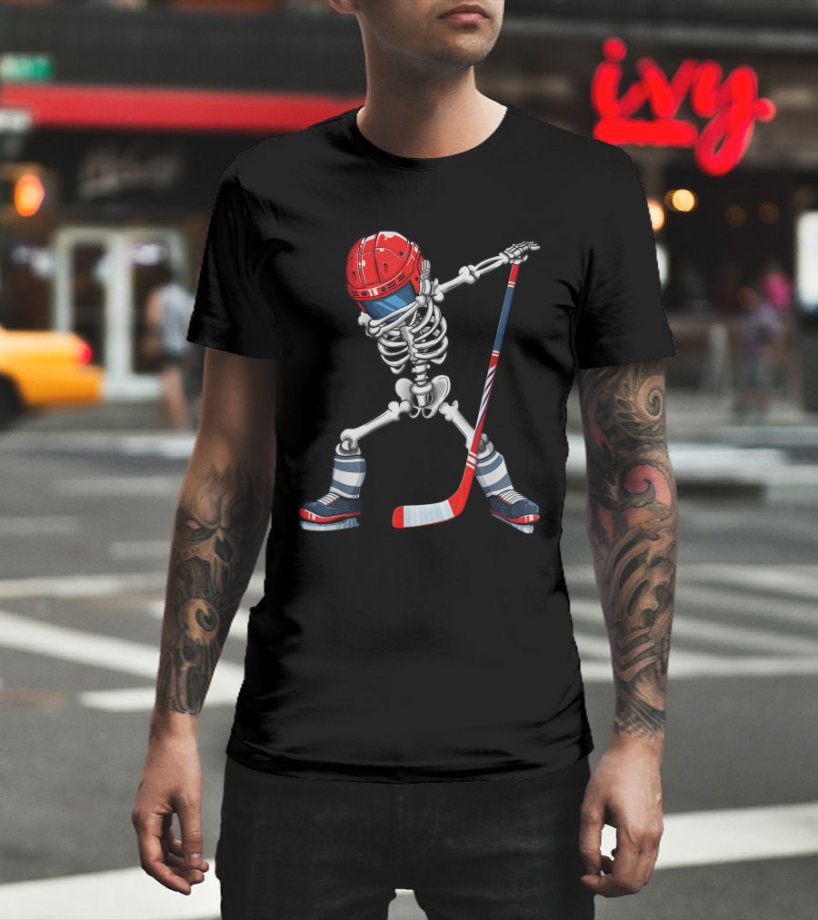 Dabbing Skeleton Ice Hockey Player Helmet And Stick T-Shirt