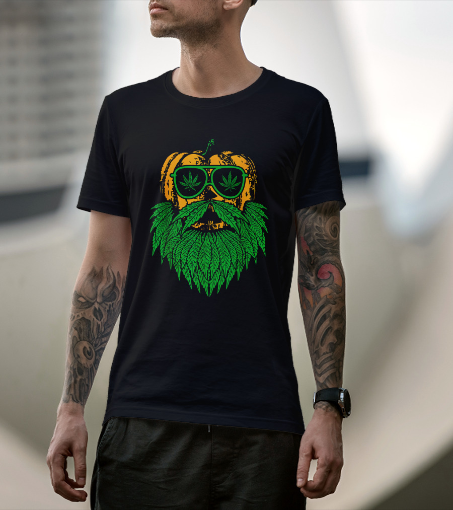 Weed Leaf Bearded Pumpkin With Sunglasses Costume Cool T-Shirt