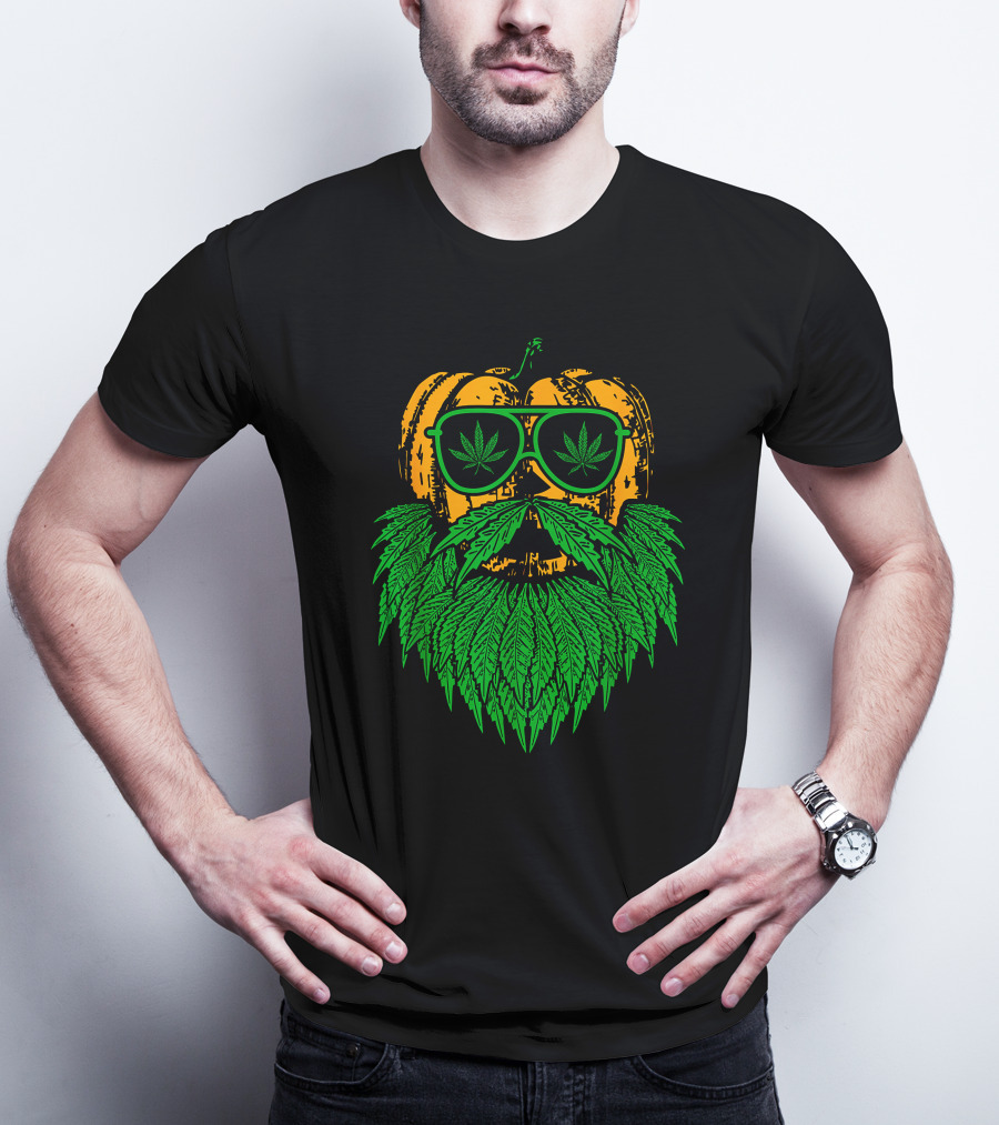Weed Leaf Bearded Pumpkin With Sunglasses Costume Cool T-Shirt