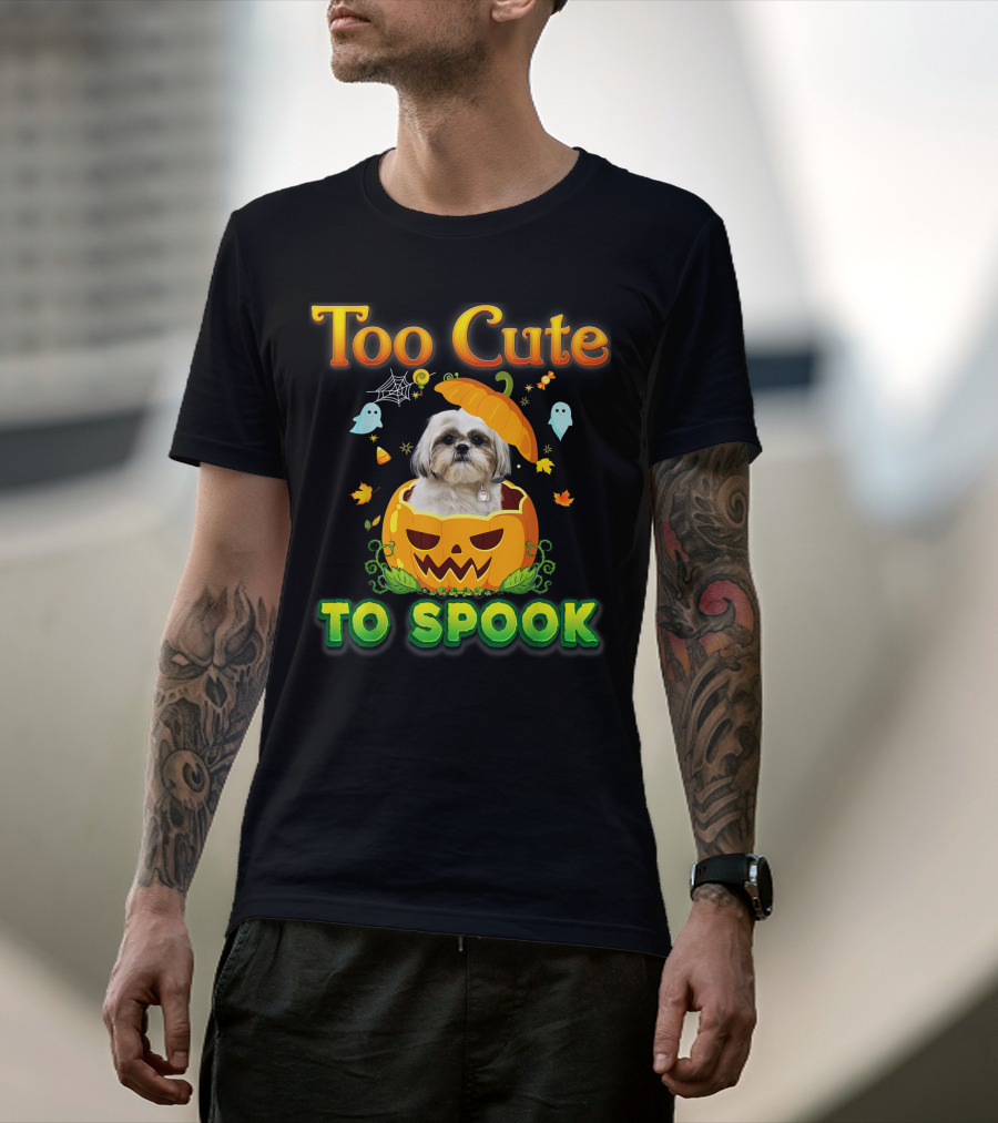 Too Cute To Spook Shih Tzu Dog In Pumpkin Halloween Ghost Leaves T-Shirt