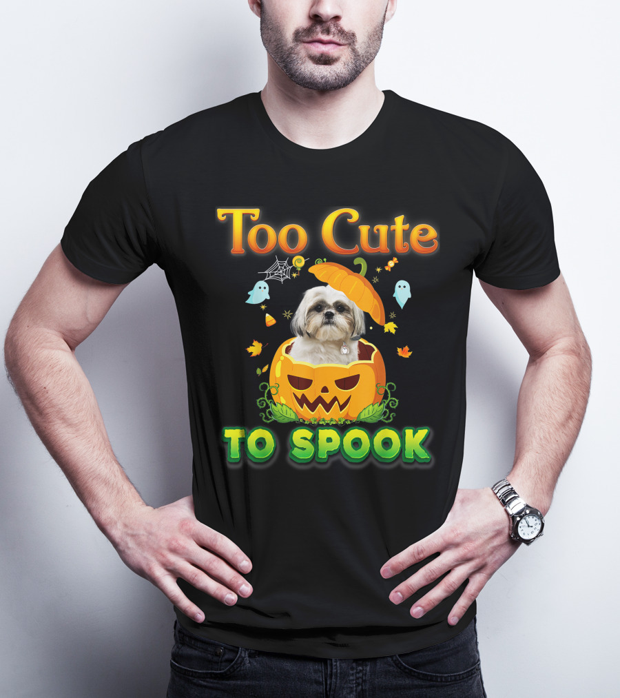 Too Cute To Spook Shih Tzu Dog In Pumpkin Halloween Ghost Leaves T-Shirt