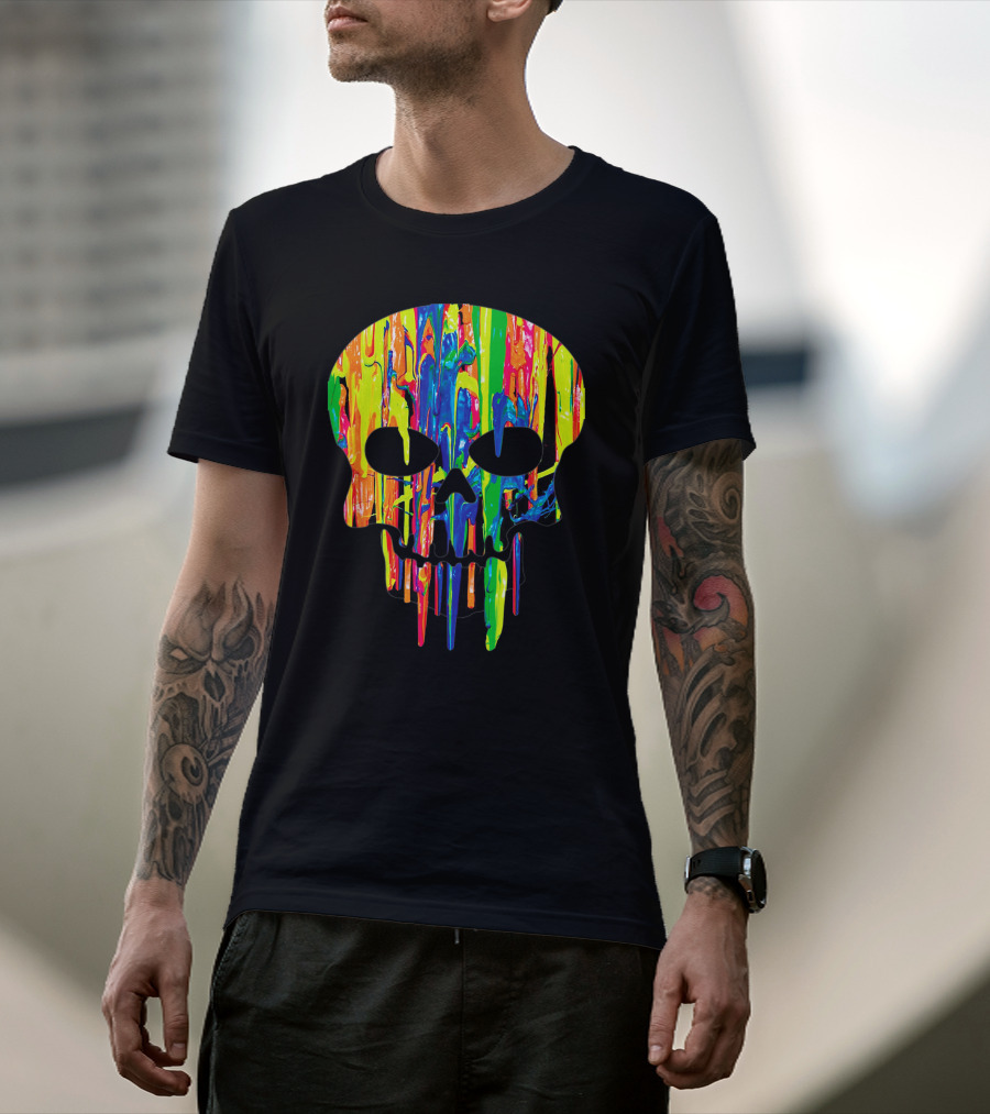 Colorful Melting Skull Cool Neon Drip Skull T-Shirt