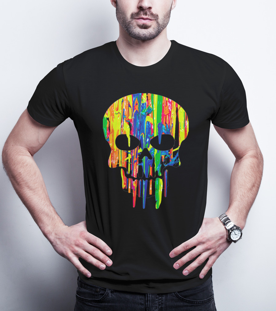 Colorful Melting Skull Cool Neon Drip Skull T-Shirt