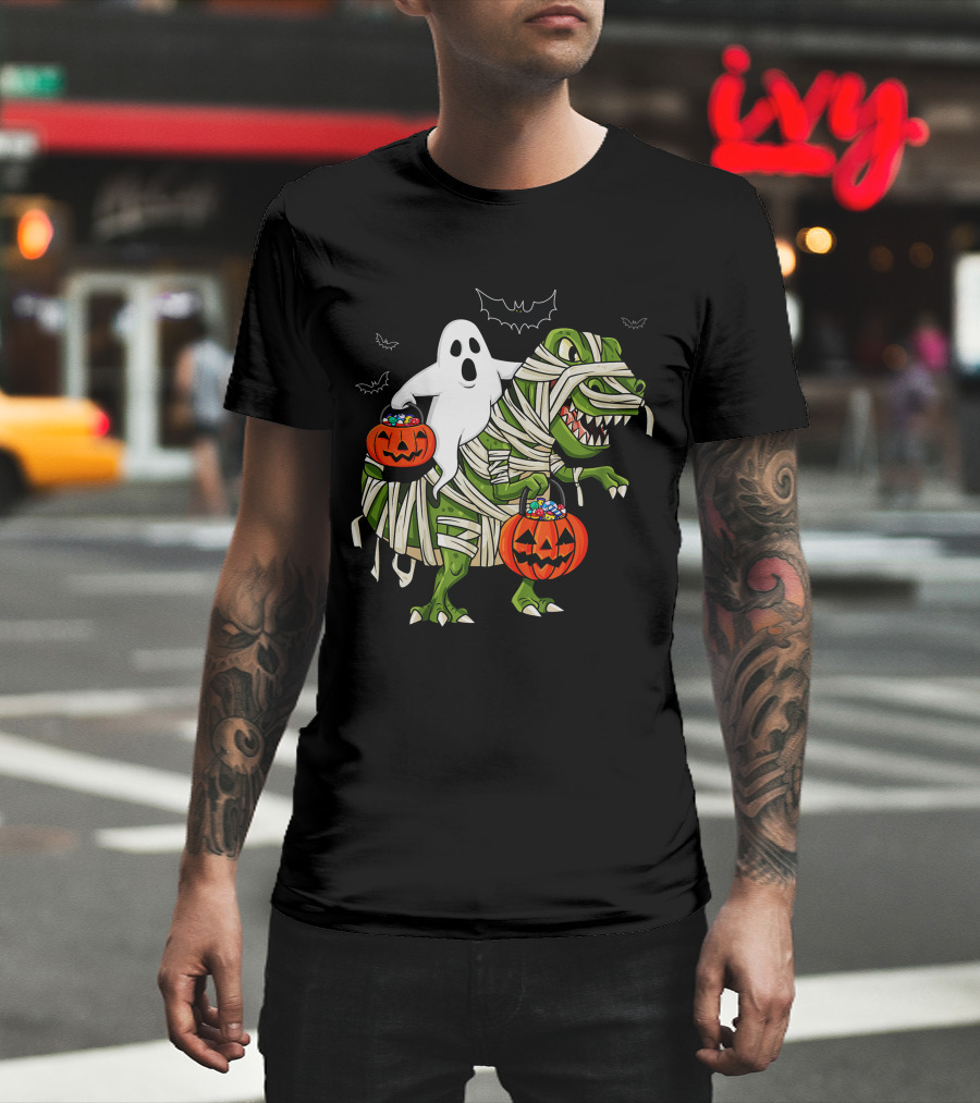 Ghost And Mummy T-Rex Halloween Candy Adventure T-Shirt