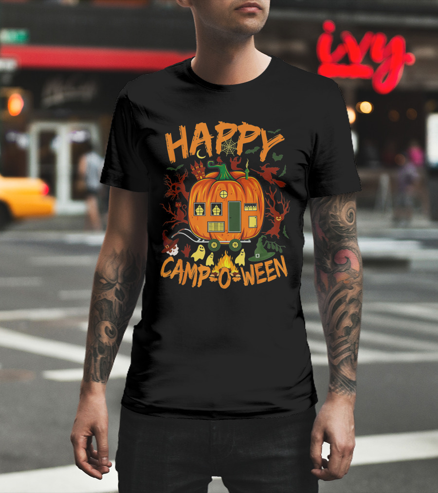 Happy Camp O Ween Funny Halloween Camping Camper Pumpkin Ghosts Witch Hat Spooky Fire T-Shirt