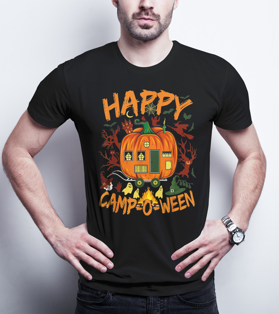 Happy Camp O Ween Funny Halloween Camping Camper Pumpkin Ghosts Witch Hat Spooky Fire T-Shirt