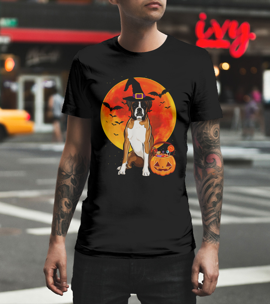 Boxer Dog With Witch Hat Pumpkin Full Moon Halloween Bats T-Shirt