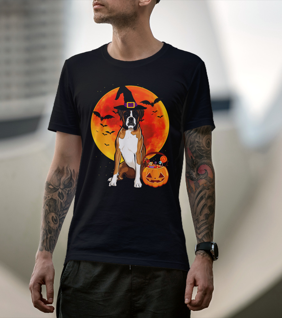 Boxer Dog With Witch Hat Pumpkin Full Moon Halloween Bats T-Shirt