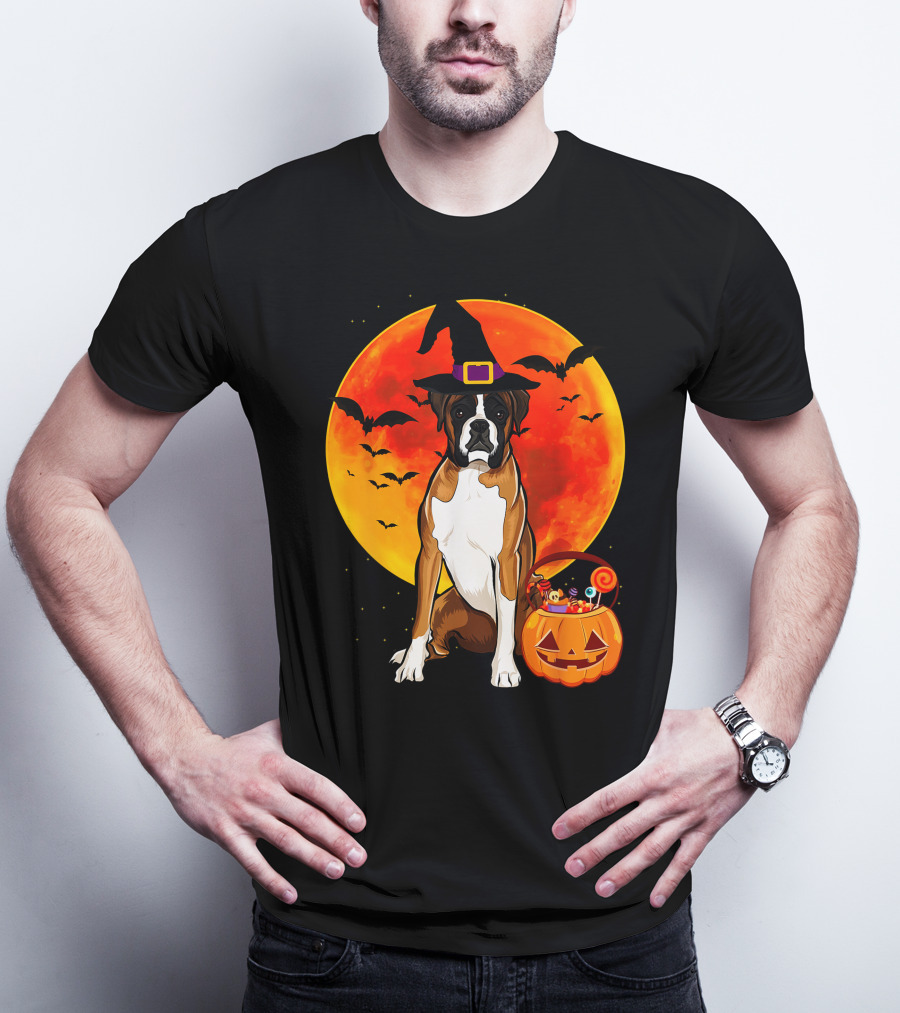 Boxer Dog With Witch Hat Pumpkin Full Moon Halloween Bats T-Shirt