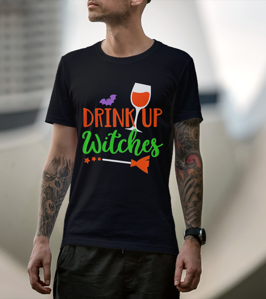 Drink Up Witches Halloween Vintage Family Wine Glass Broomstick Bat T-Shirt