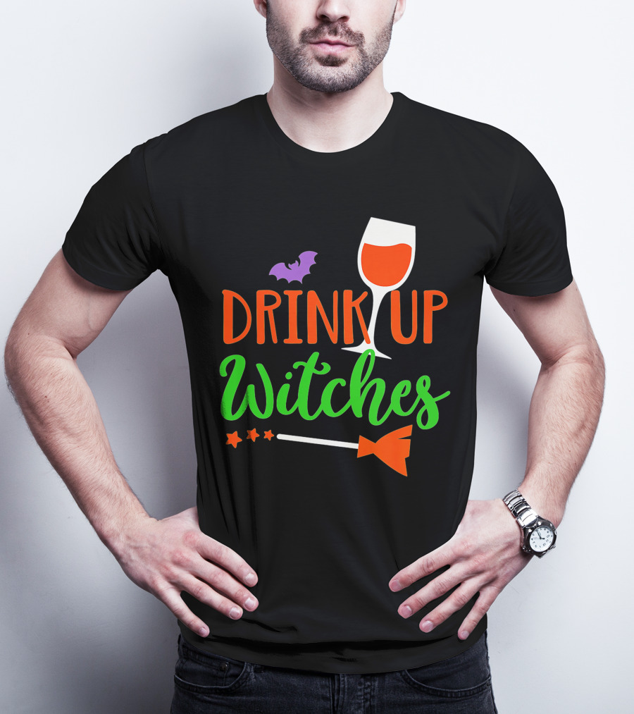 Drink Up Witches Halloween Vintage Family Wine Glass Broomstick Bat T-Shirt