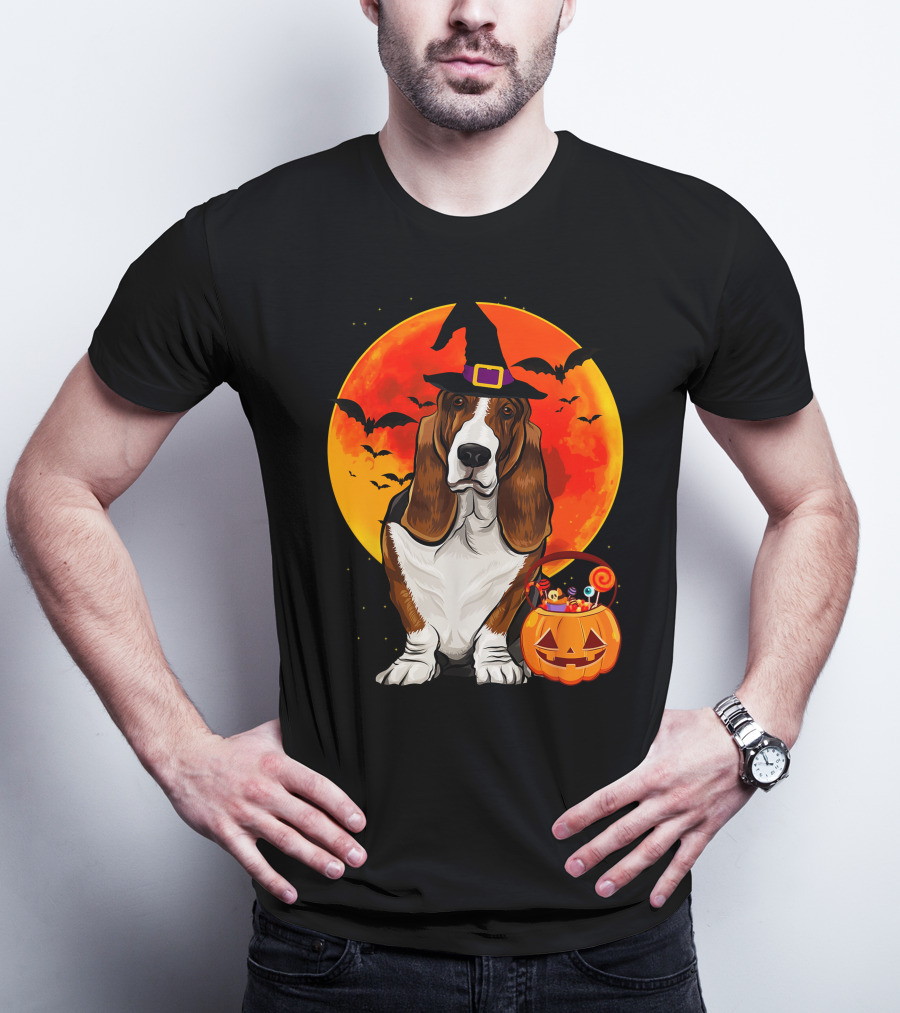 Basset Hound Witch Hat Halloween Pumpkin Candy Holder With Full Moon And Bats T-Shirt