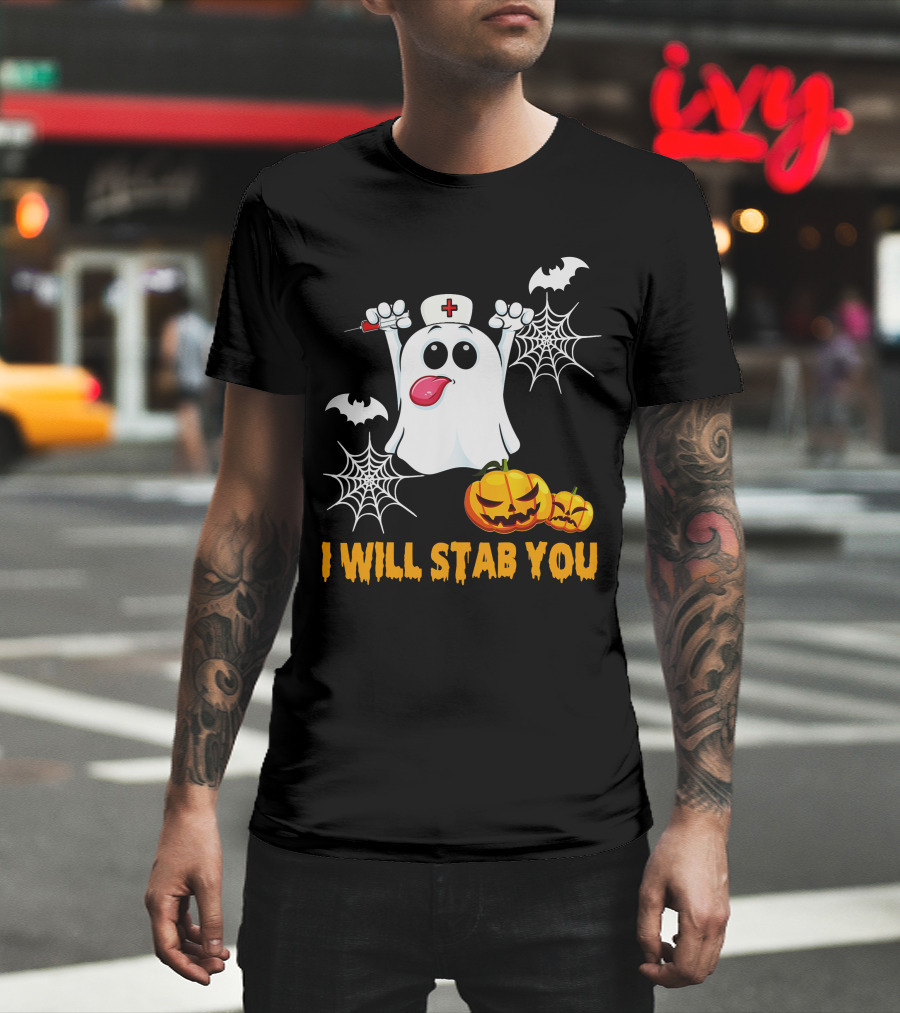 I Will Stab You Funny Nurse Ghost With Pumpkins And Bats T-Shirt