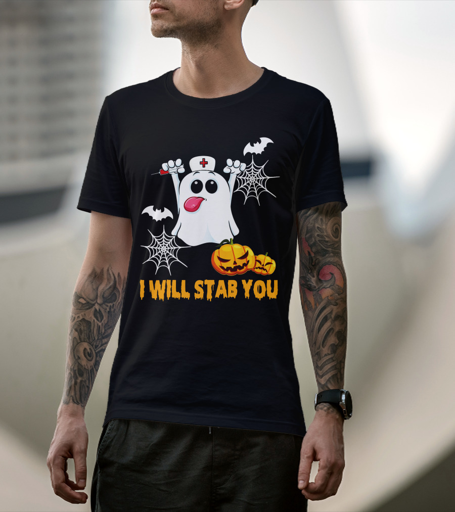 I Will Stab You Funny Nurse Ghost With Pumpkins And Bats T-Shirt