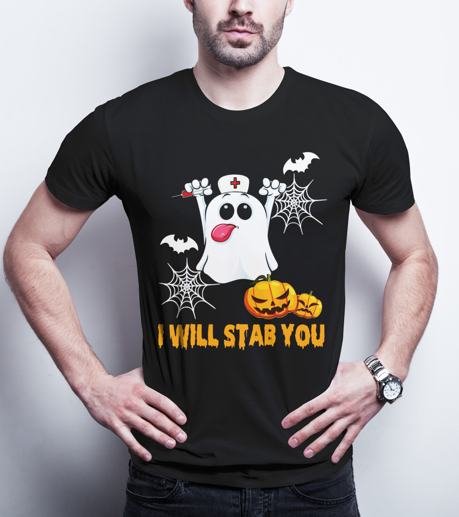I Will Stab You Funny Nurse Ghost With Pumpkins And Bats T-Shirt