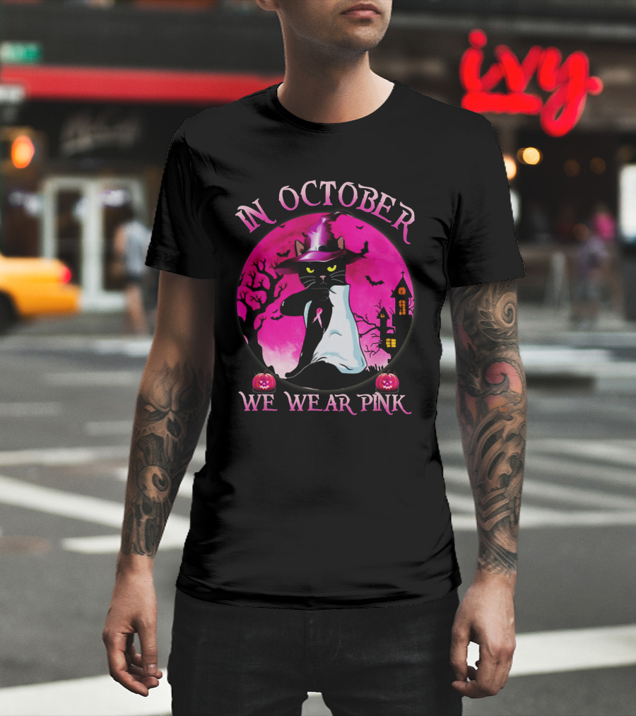 In October We Wear Pink Cat Halloween Pink Ribbon Moon Bats Jack O'Lanterns T-Shirt