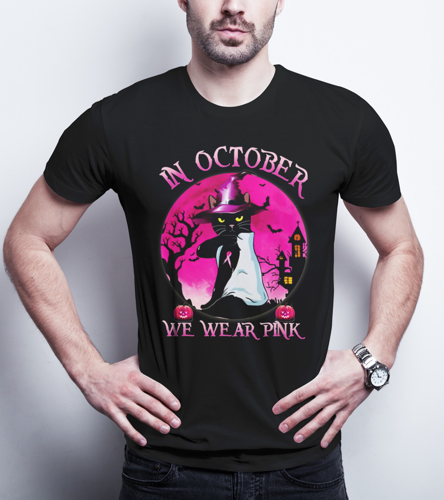 In October We Wear Pink Cat Halloween Pink Ribbon Moon Bats Jack O'Lanterns T-Shirt
