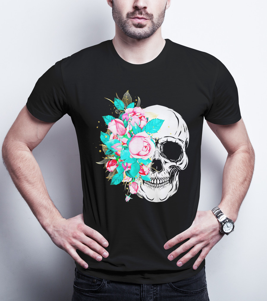 Flower Skull Floral Fusion With Vintage Rose Elements T-Shirt