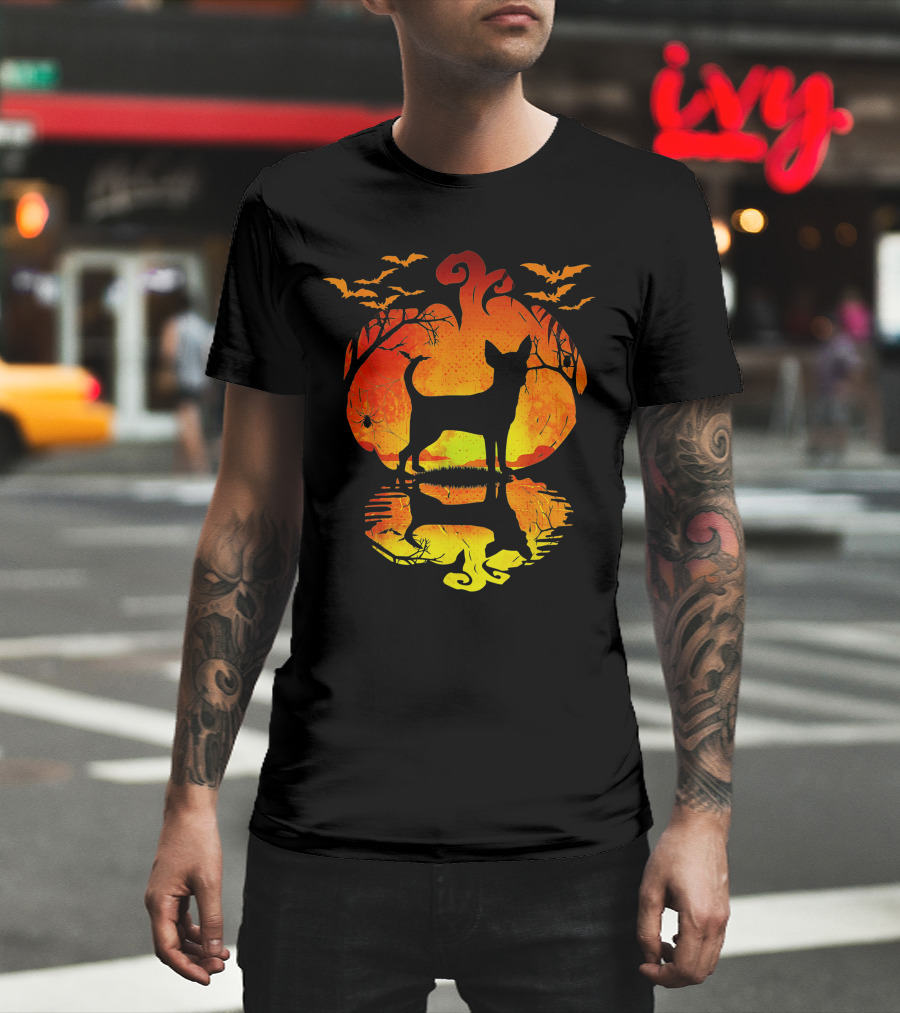 Chihuahua Dog Halloween Pumpkin Reflection With Bats And Trees T-Shirt