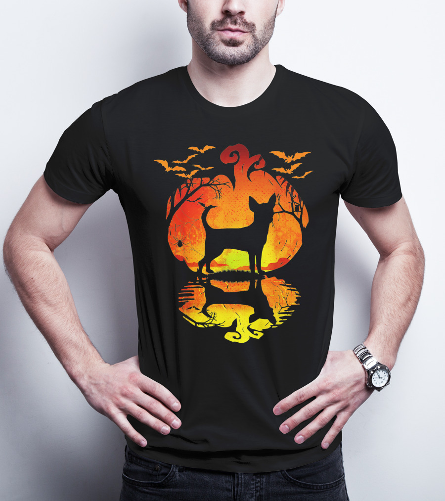 Chihuahua Dog Halloween Pumpkin Reflection With Bats And Trees T-Shirt