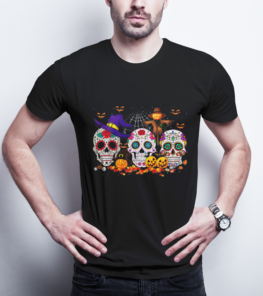 Sugar Skull Halloween Pumpkins And Scarecrow Scene T-Shirt